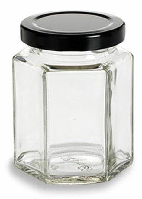 6oz (180ml) Hexagon Glass Jar w/Black Lid – each | Valley Blossoms